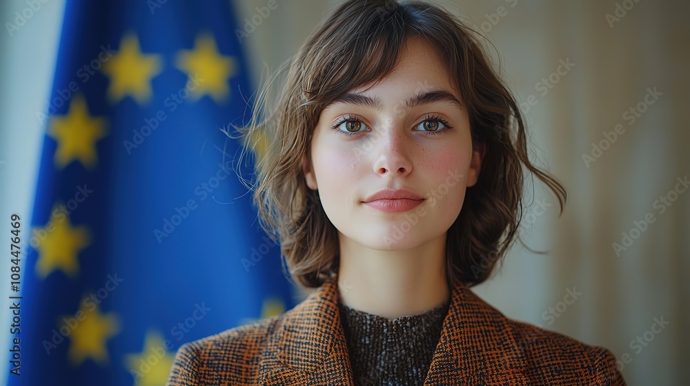 Beautiful female USA American election voter portrait in front of ...
