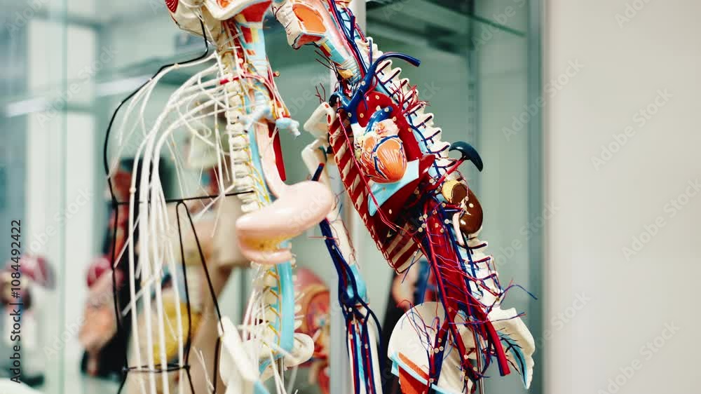 Medical, anatomy and model of skeleton with organs in class at ...