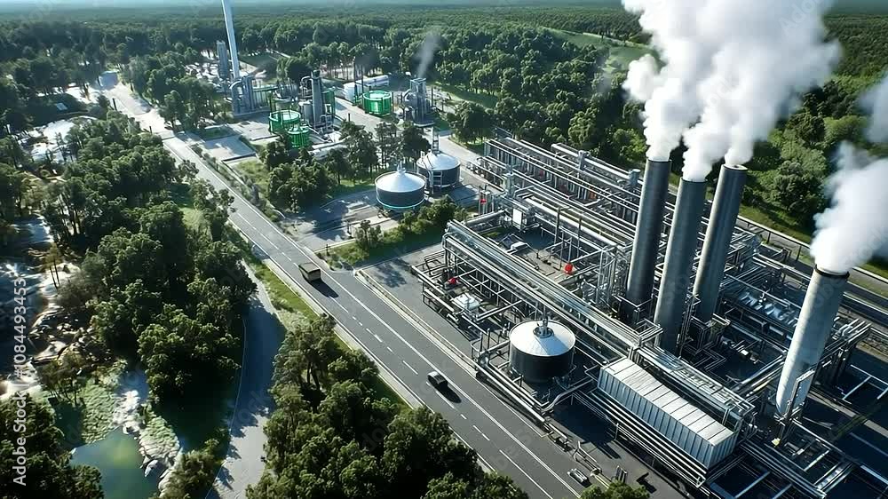 An aerial view of a refinery equipped with futuristic carbon capture ...