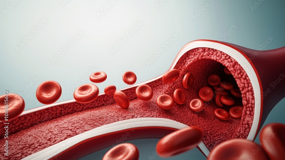 Detailed 3D illustration of red blood cells moving inside an artery ...