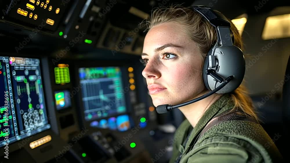 The woman officer leans forward at her command station, wearing ...