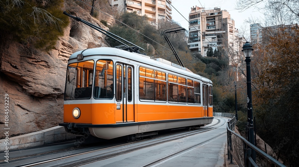 A vintage orange tram on a curved track surrounded by rocky terrain and ...