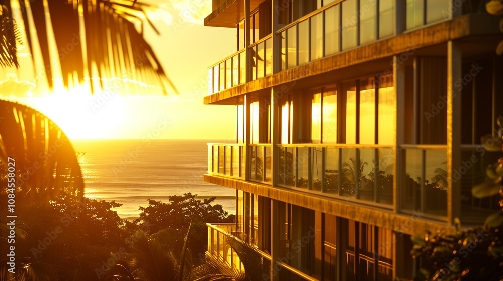 Captivating sunset reflecting off the windows of a beachfront hotel. A ...