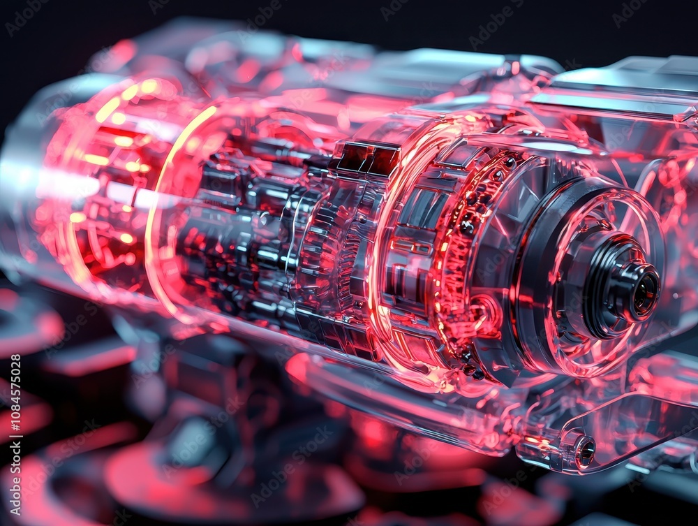 Transparent futuristic engine design with glowing red accents ...