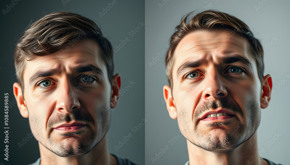 Man face divided into two parts one fresh and one with hangover. Before ...