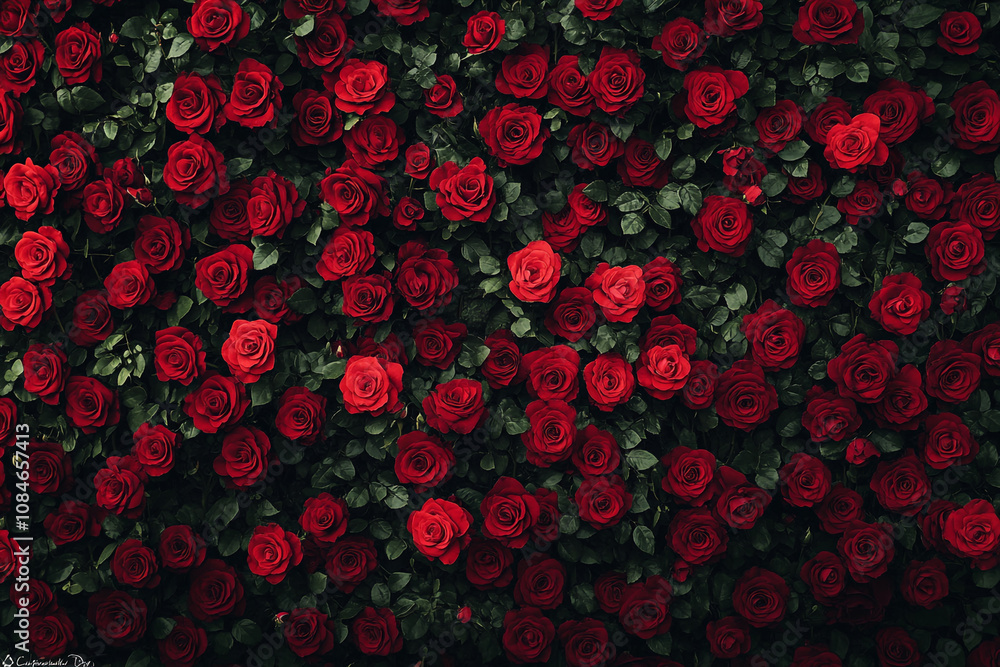 Illustration of a massive wall of red roses, with each rose blooming in ...