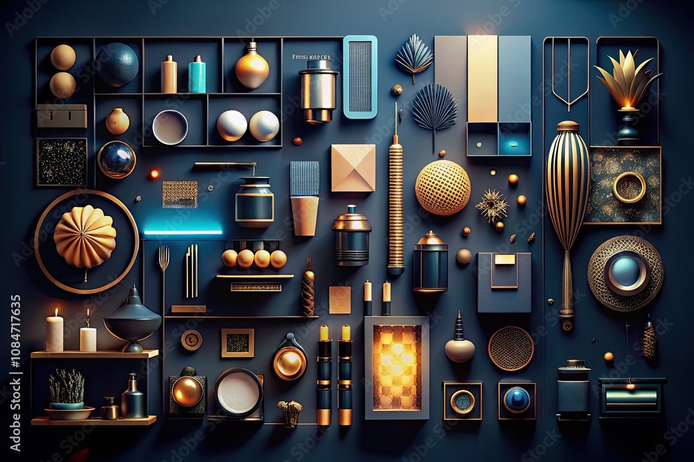 Night Photography of Organized Objects in a Tidy Grid Pattern - 3D Illustration of Clean Layouts ...