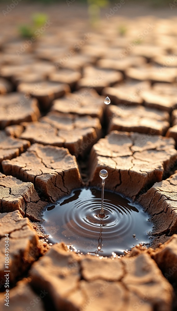 Parched cracked earth landscape with a water droplet falling into a ...