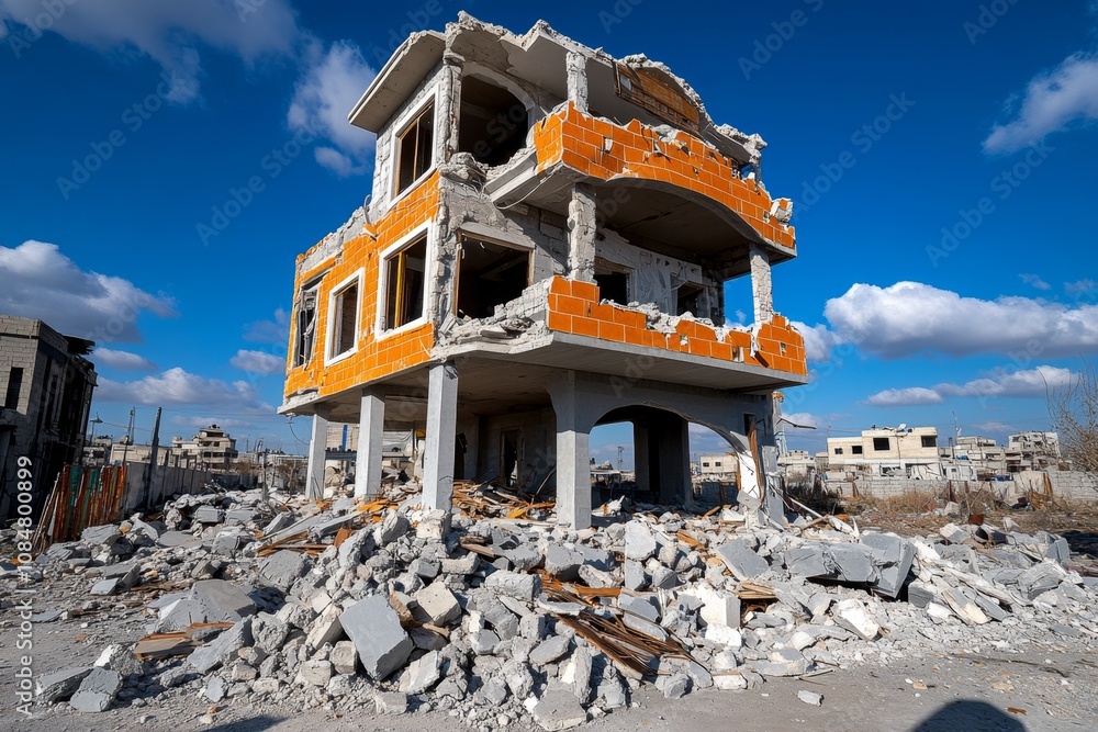 Ultra-realistic war-torn building with broken windows, rubble, and ...
