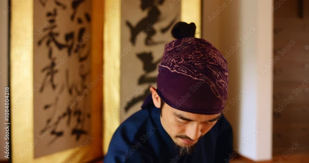 Prayer, sword and martial arts sensei in dojo for practice routine ...
