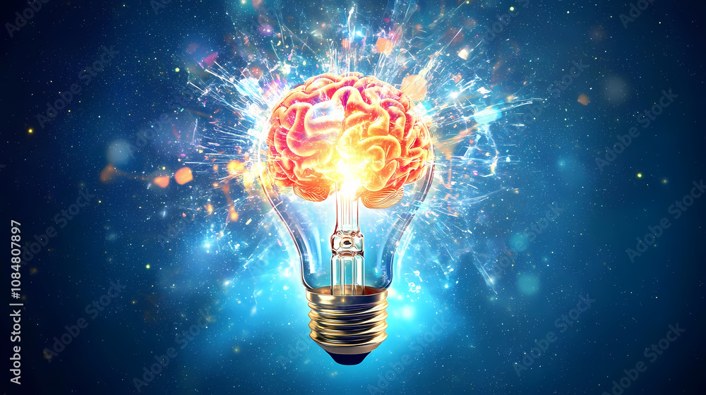 Glowing brain inside illuminated light bulb symbolizing creativity ...
