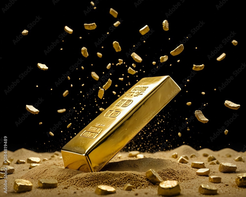 Gold Ingot Chinese Money bar token fly with dust particle in air ...