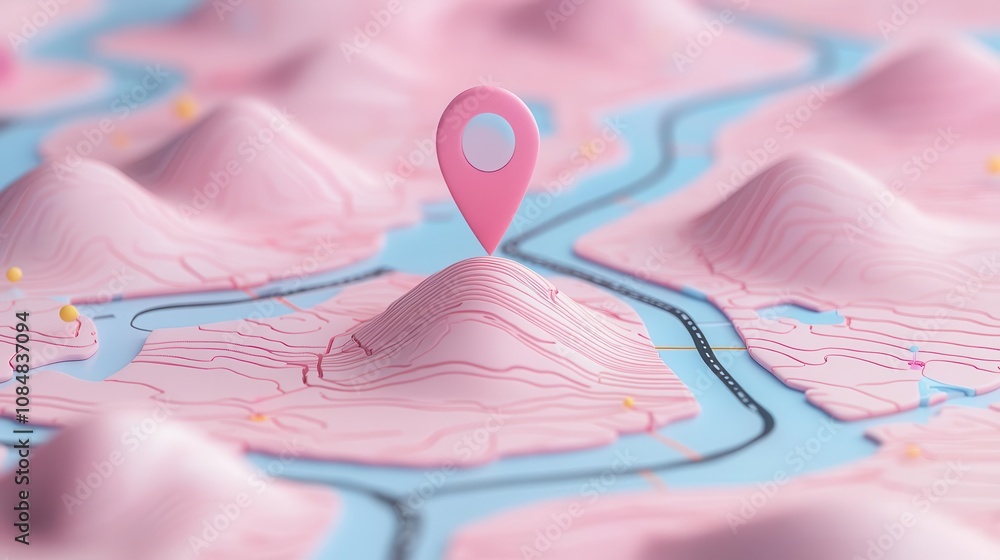 A stylized, 3D topographic map featuring pink mountains and a prominent ...