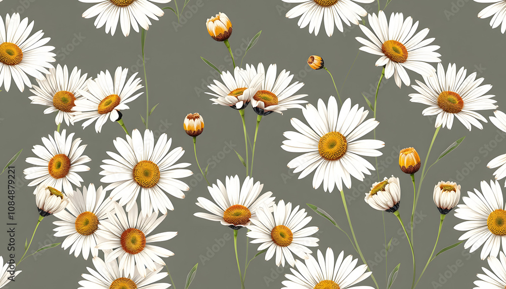 Printable seamless vintage repeat pattern background with white daisies ...