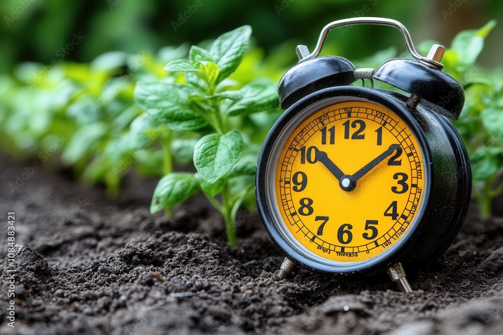 Time Flies A Vintage Alarm Clock Amidst Sprouting Seedlings. Stock ...