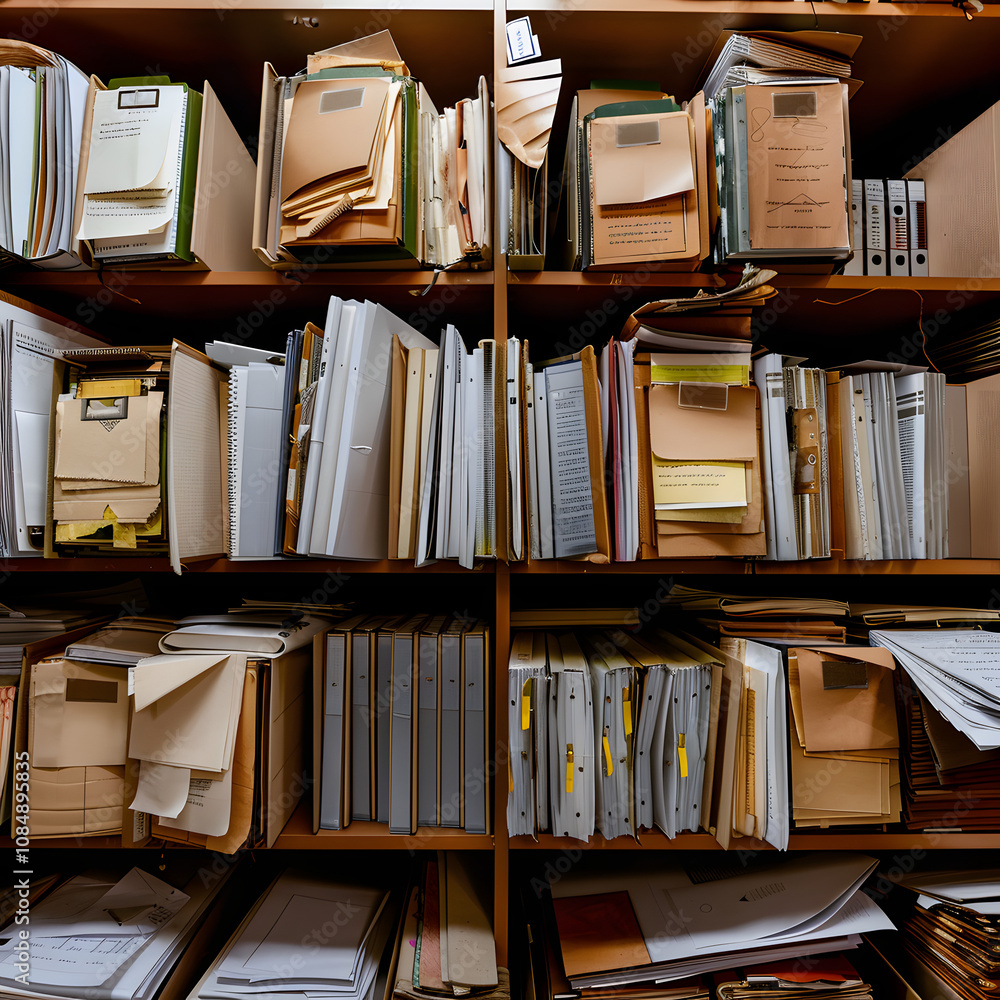 paper documents stacked in archive. folders with documents on the ...