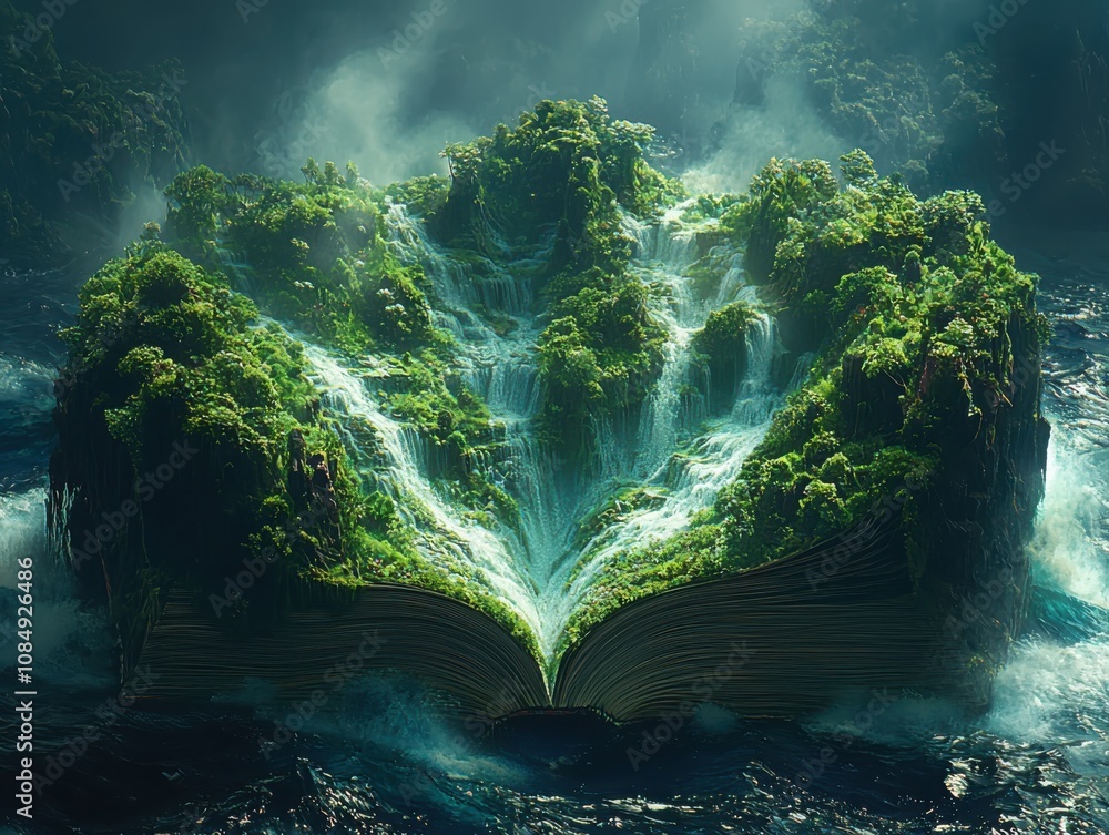 Enchanting open book revealing an imaginative dreamlike landscape in a mystical forest setting ...