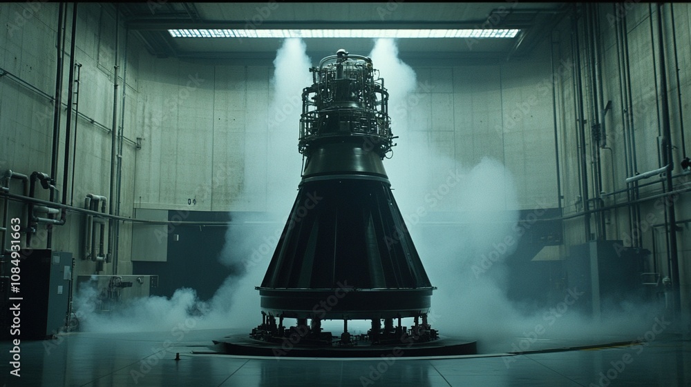 Rocket engine test facility with engineers monitoring the powerful ...