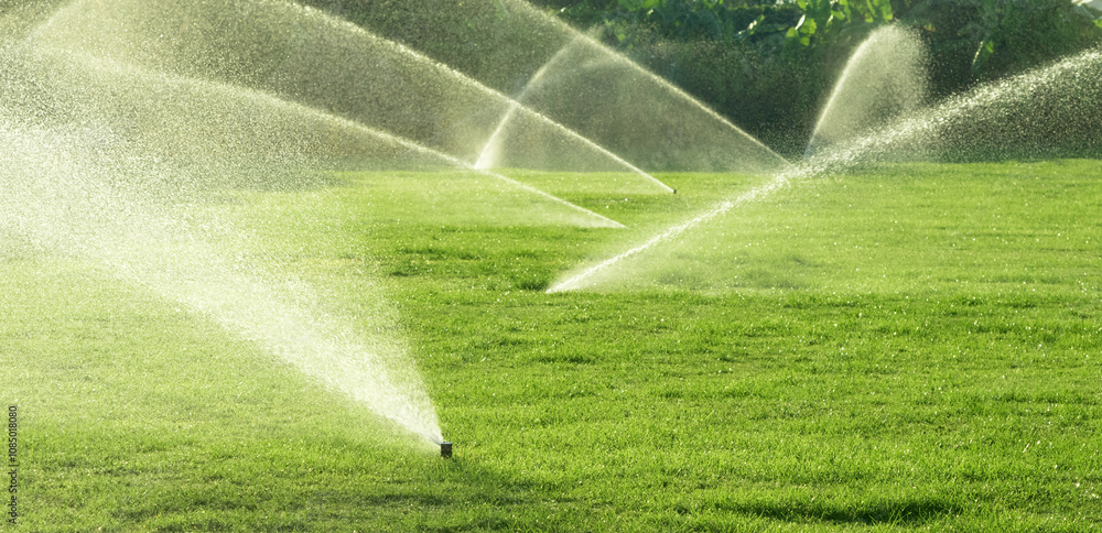 Poster Irrigation System Watering the green grass, blurred background ...