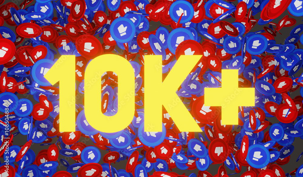 3D render of Like icons for ten thousand number 10K+ subscribers ...