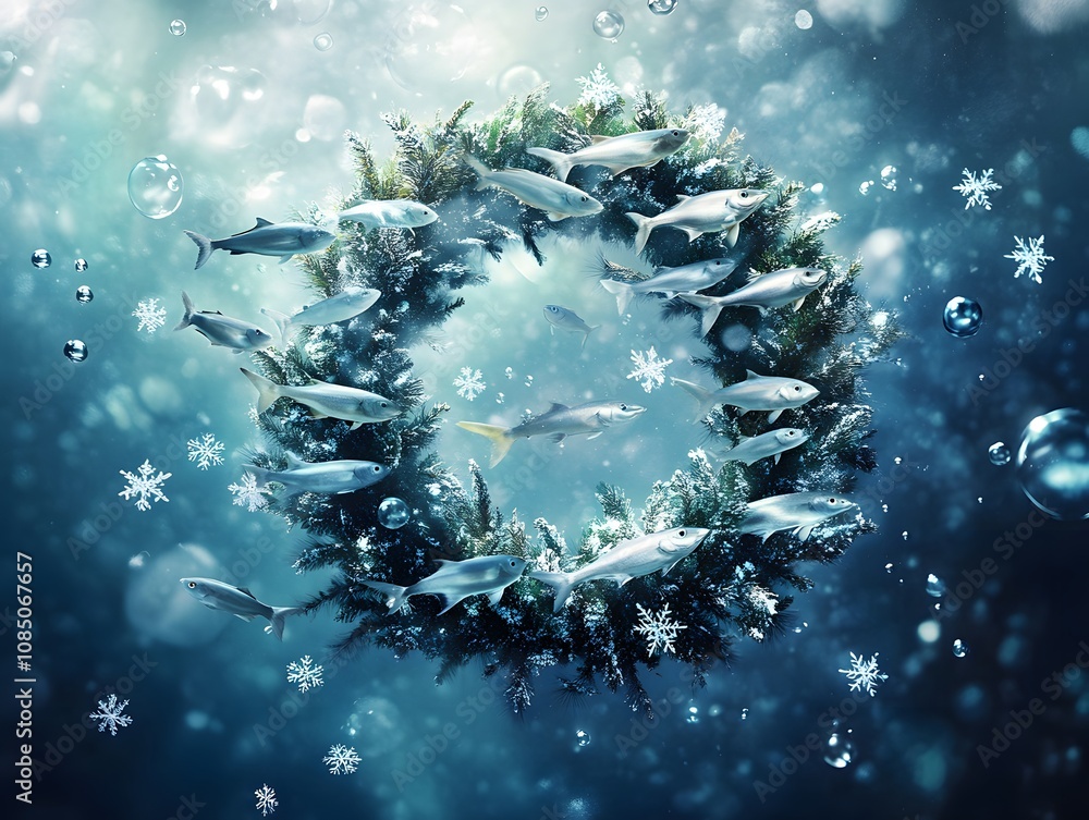 Underwater Scene Featuring a Circular Wreath Surrounded by Schools of Fish, Snowflakes, and ...