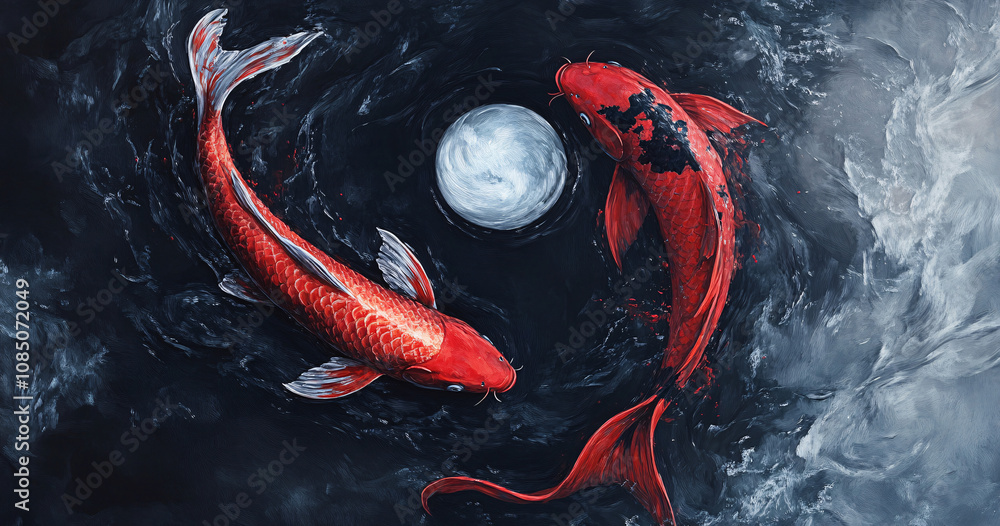 fancy carps swimming symbolizes yin and yang, Doitsu Yamabukiogon ...