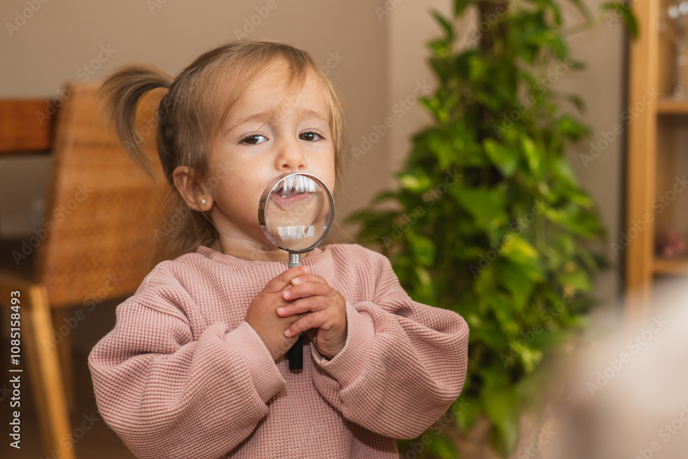 Curious Toddler Exploring With Magnifying Glass.Childhood Discovery And ...