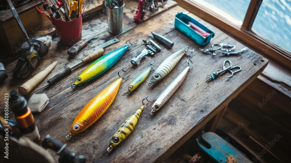 Fishing lure-making tools and materials arranged on a rustic table in a ...