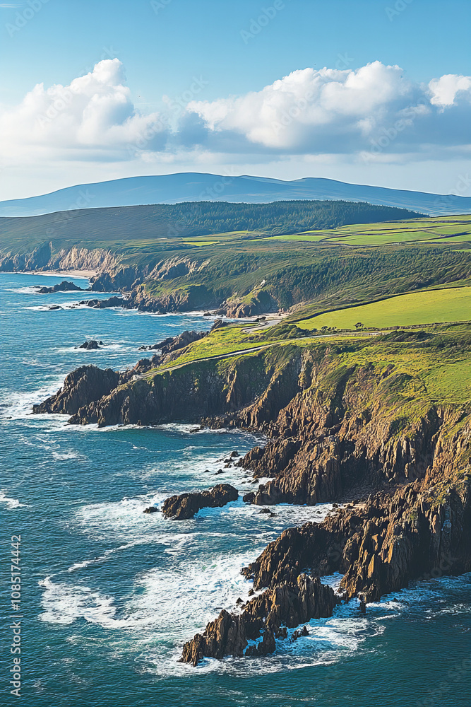 Stunning Irish Coastal Views with Green Fields, Dramatic Cliffs, Blue ...