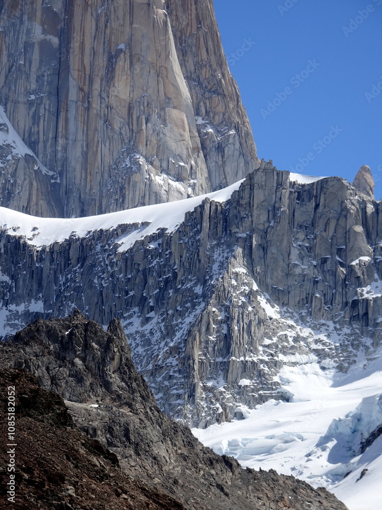 Part of the iconic Fitz Roy mountain, close up of the cliff close to ...