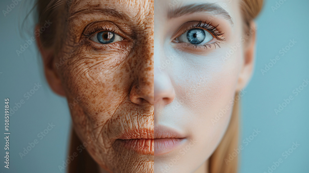 Plastic surgery concept with a comparison of an old and rejuvenated ...