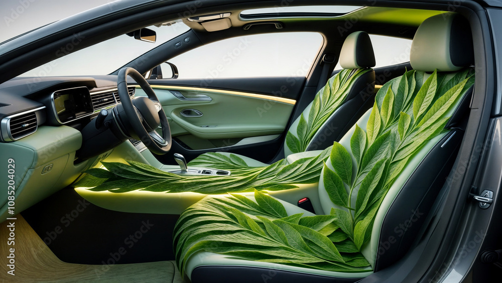 Car interior with a green leaf design on the seats and dashboard. The ...