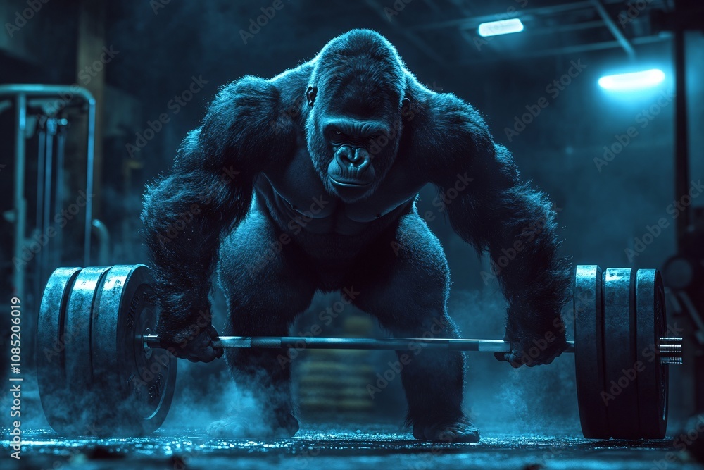 A muscular gorilla lifting a heavy barbell in a gym, representing power, strength, and ...