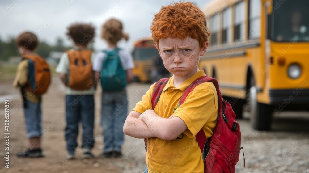 Sad Child Standing in Front of School Bus with Crossed Arms and ...