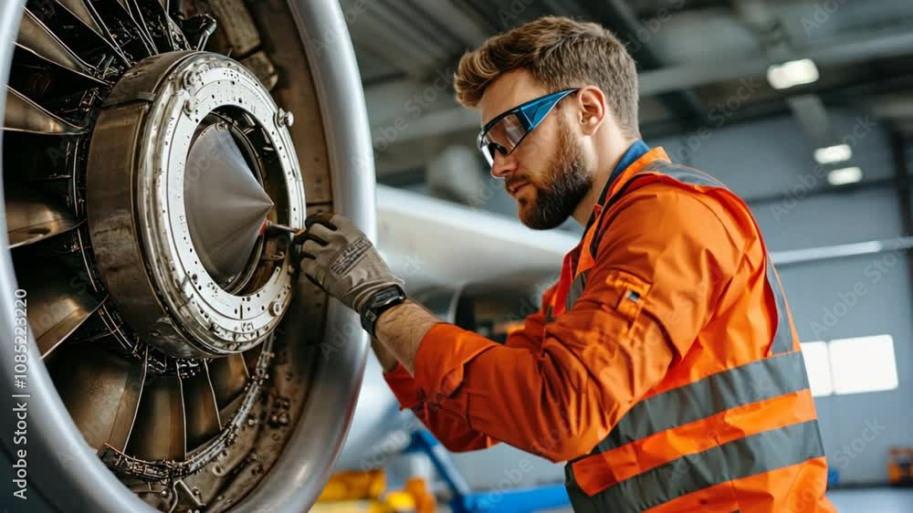 A mechanic performing an engine safety check on a jet, using ...
