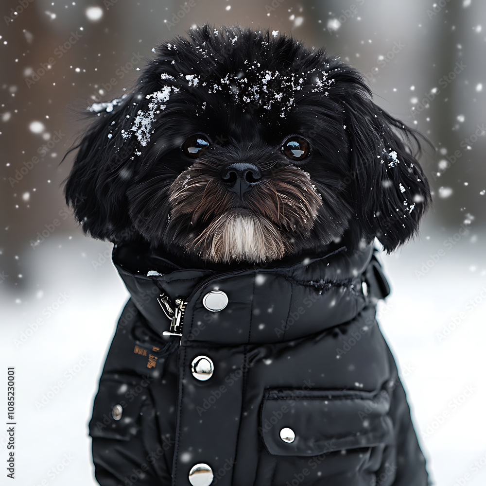 stylish black Maltipoo dog wearing luxury snow jacket, surrounded by ...