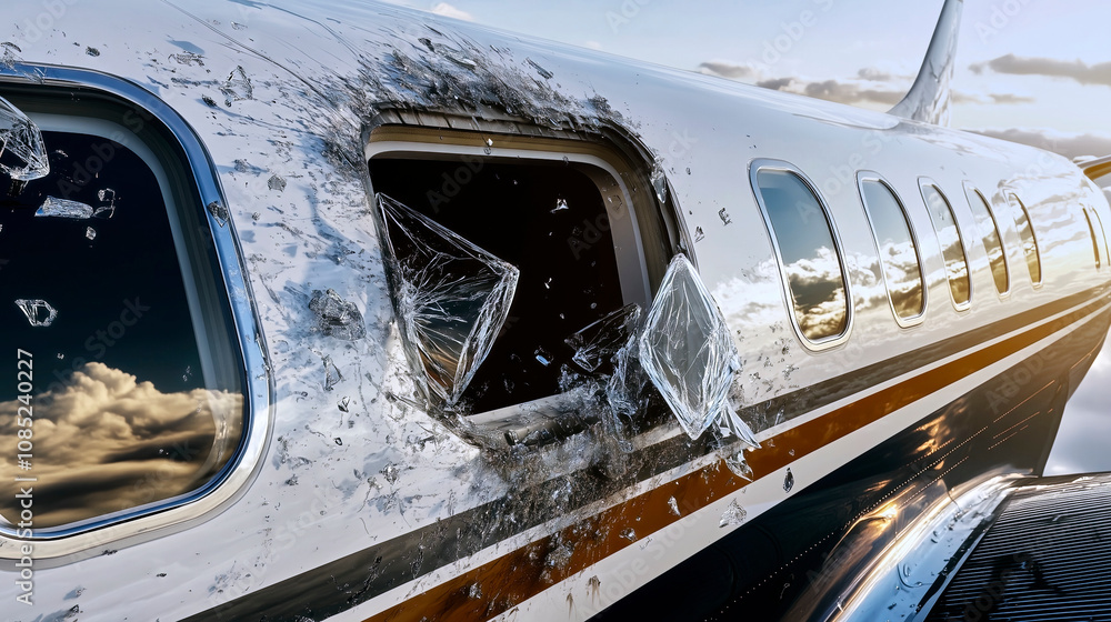 Broken window on a private jet showing decompression hazard Stock ...