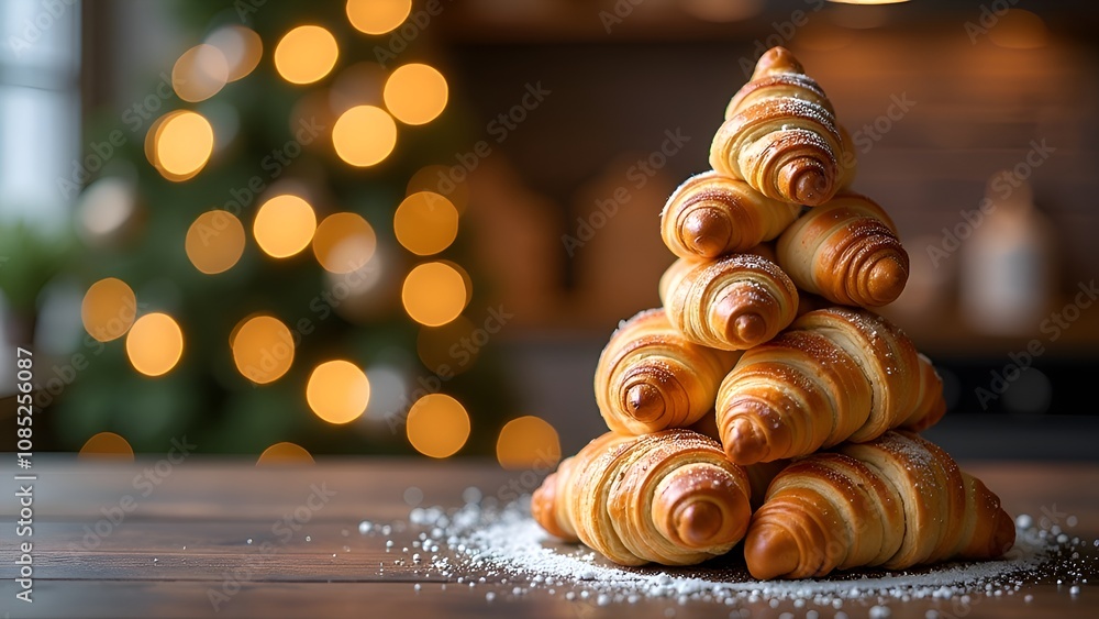 Christmas card. A Christmas tree made from croissants lying on top of ...