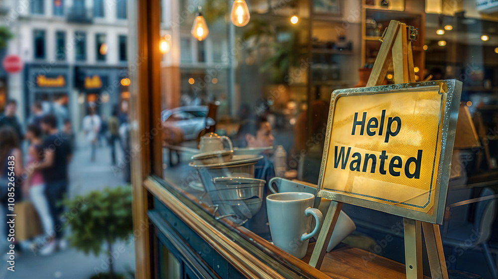 Help wanted sign in urban cafe window, blurred city background Stock ...
