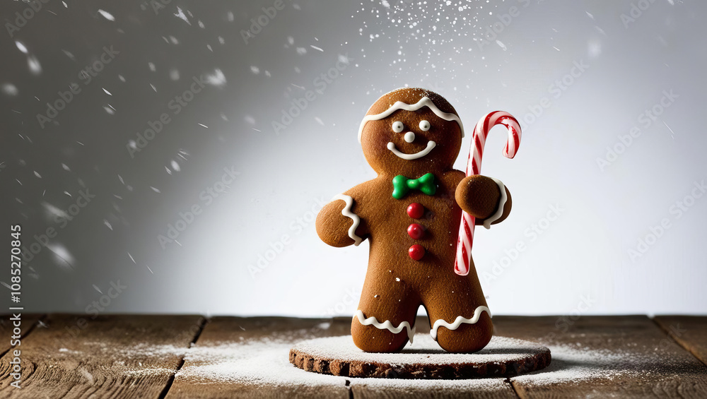 cheerful gingerbread man holding candy cane, surrounded by snowflakes ...