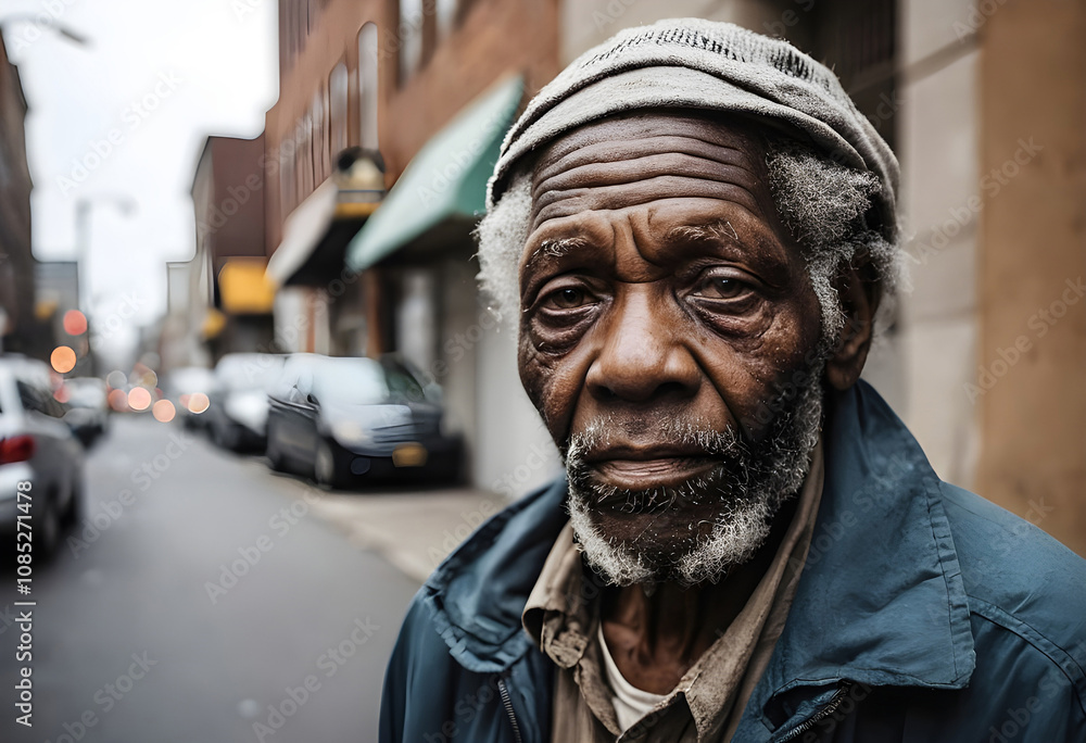 Close up portrait of old homeless African American man face with white ...