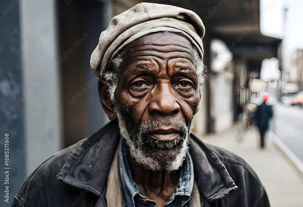 Close up portrait of old homeless African American man face with white ...