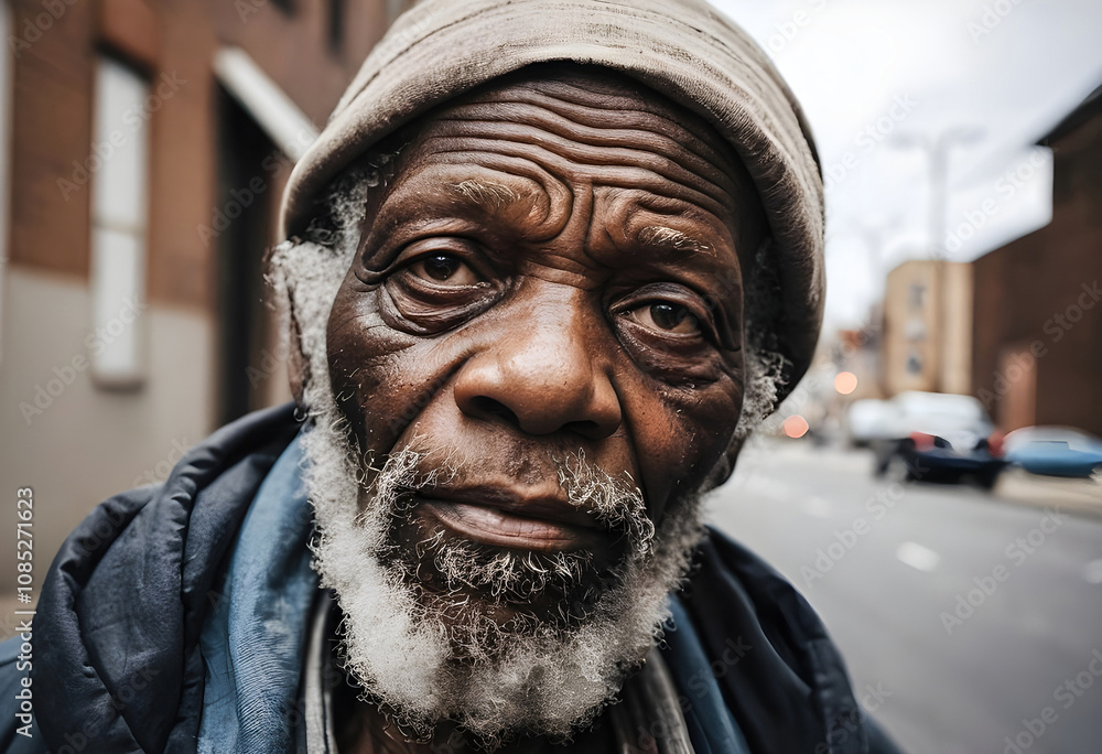 Close up portrait of old homeless African American man face with white ...