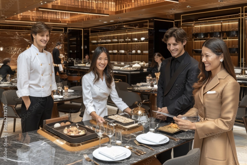 Elegant dining experience with a chef and guests at a luxury restaurant ...