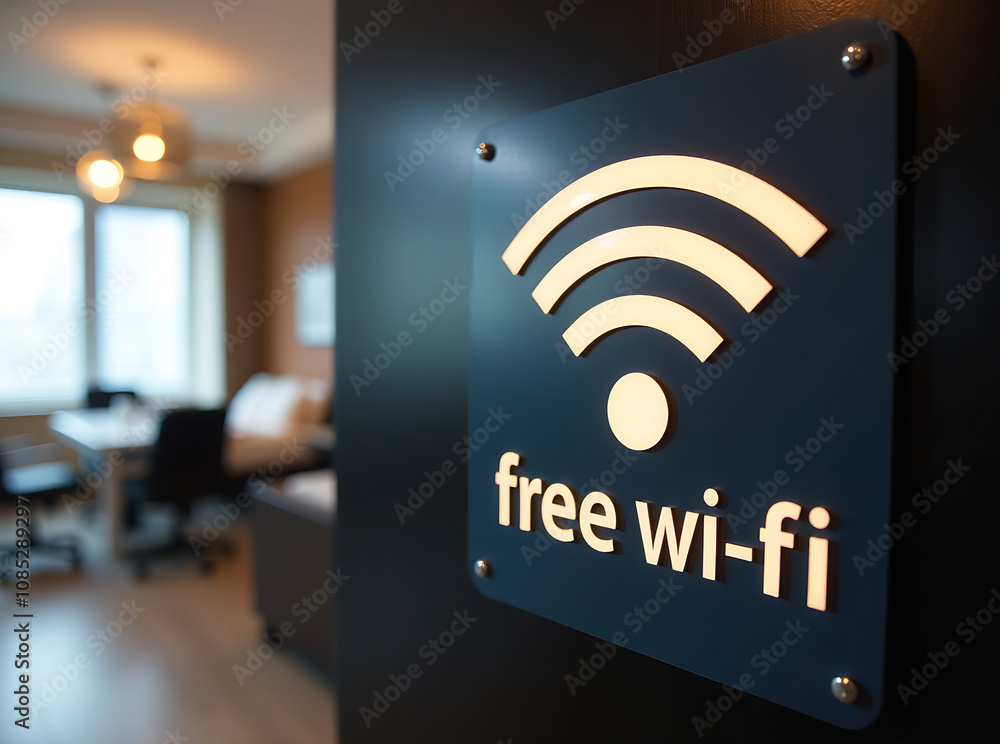 sign with a Wi-Fi symbol and the text "Free Wi-Fi" informing guests of ...