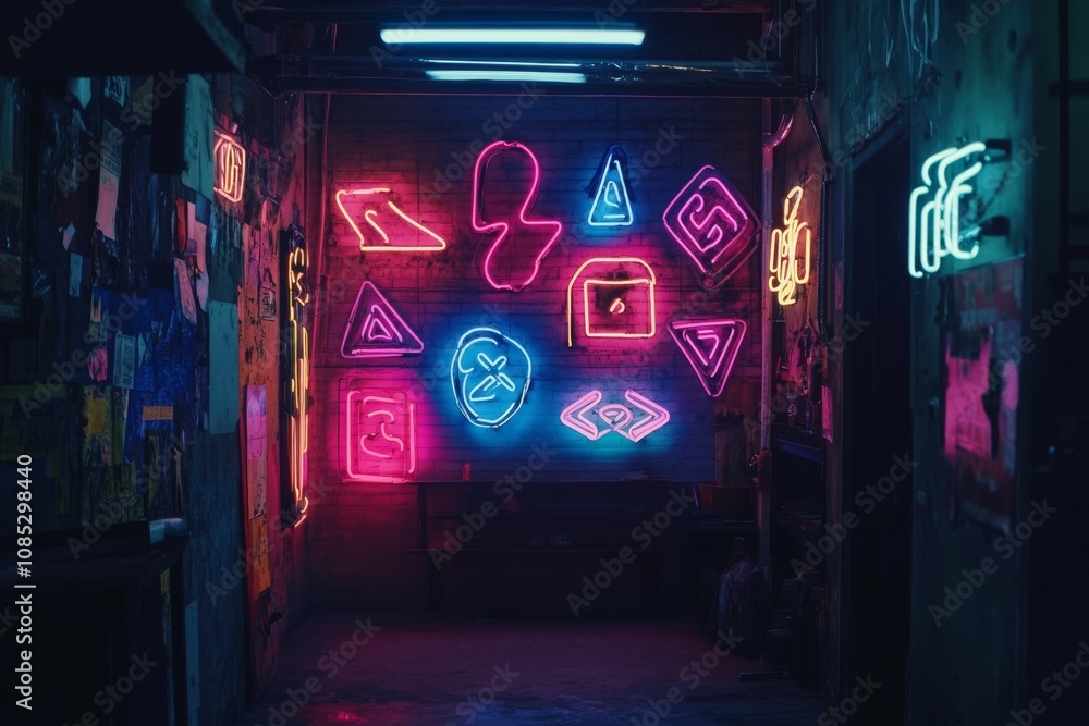 Neon signs in vivid colors illuminate a narrow alleyway, creating a ...