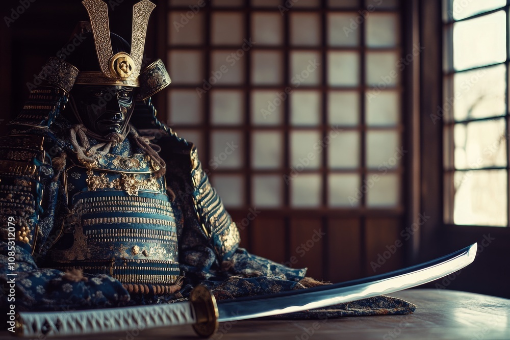 A samurai in traditional armor meditates with a katana, under the soft ...
