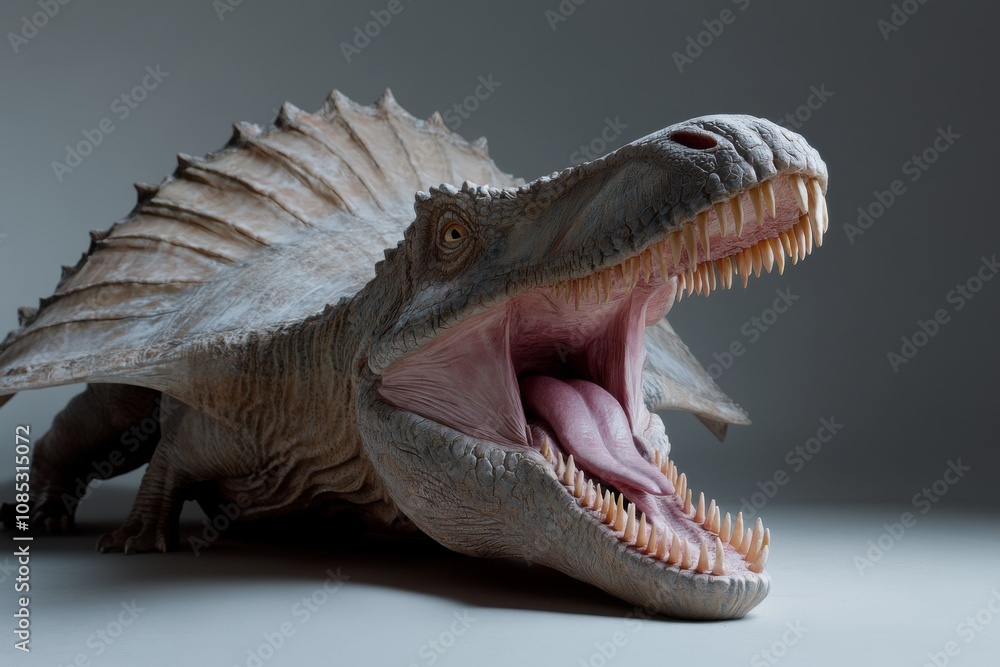 A detailed model of a prehistoric creature with a gaping maw and sharp ...