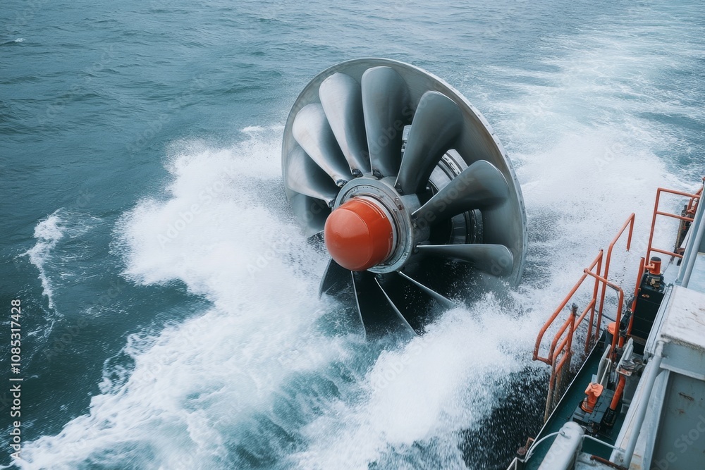 A large ship propeller creates dynamic splashes against a backdrop of ...