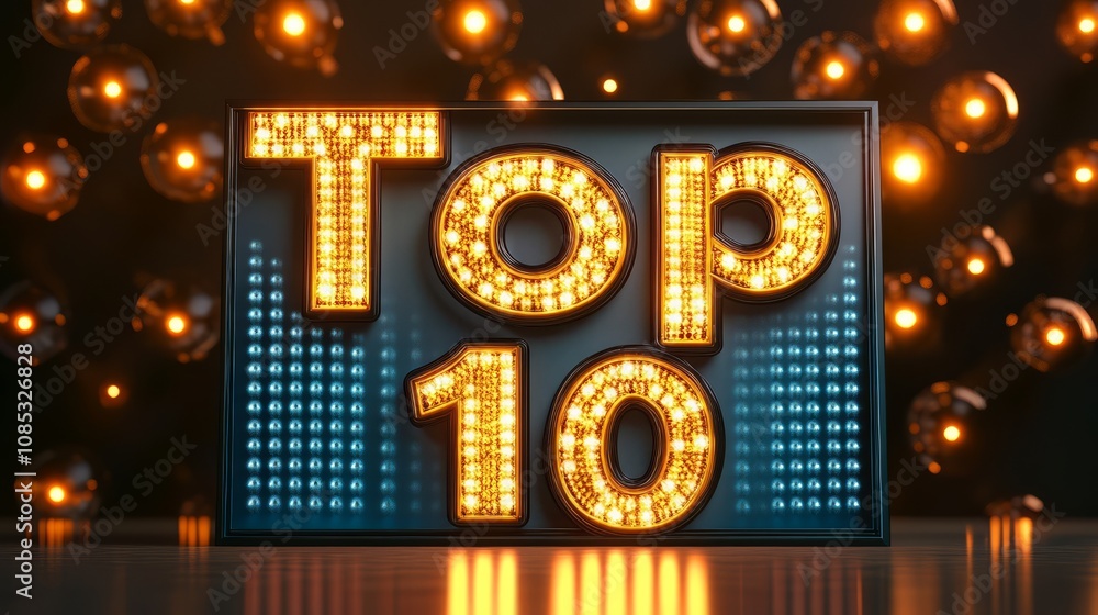 Top 10 Sign: A glowing, illuminated sign with "Top 10" in bold, large ...